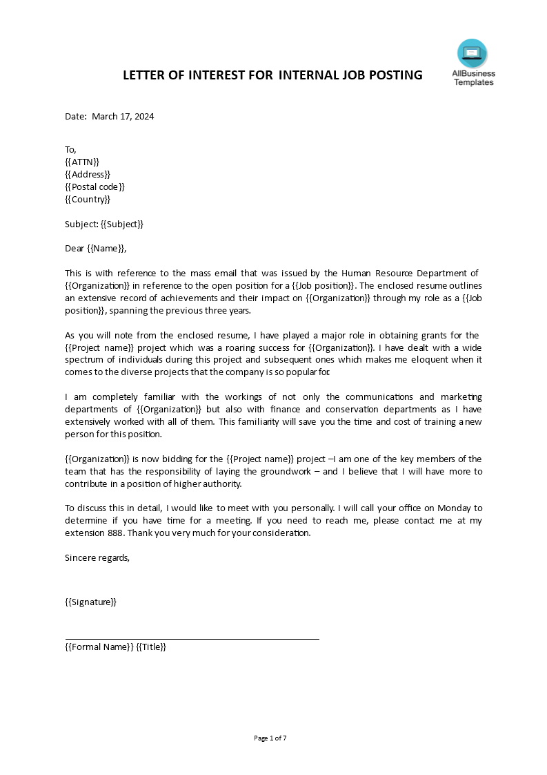 Letter of Interest Sample for Internal Job Posting | Templates at ...
