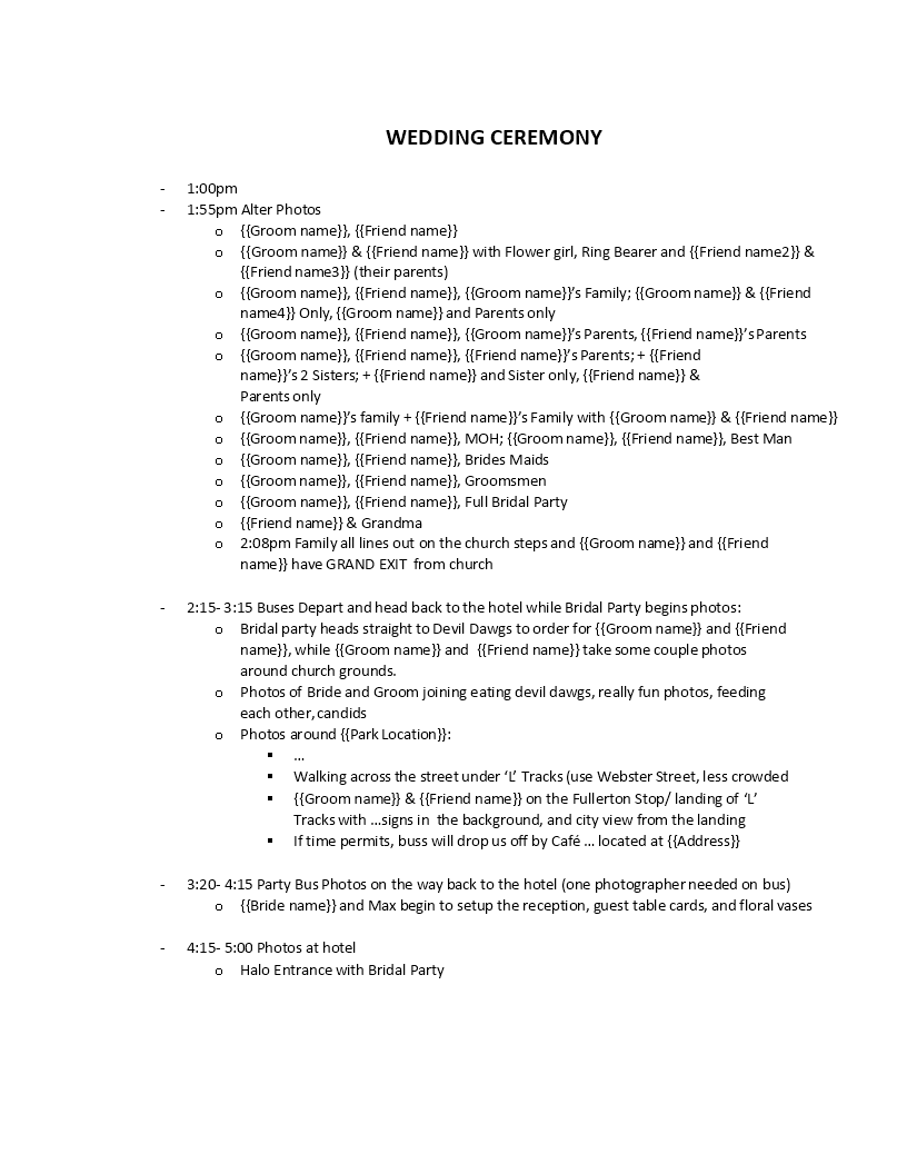 Wedding Itinerary Example | Templates at allbusinesstemplates.com