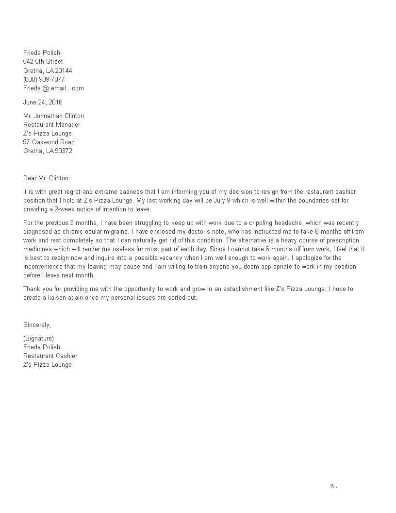 Resignation Letter For Restaurant Cashier Templates At