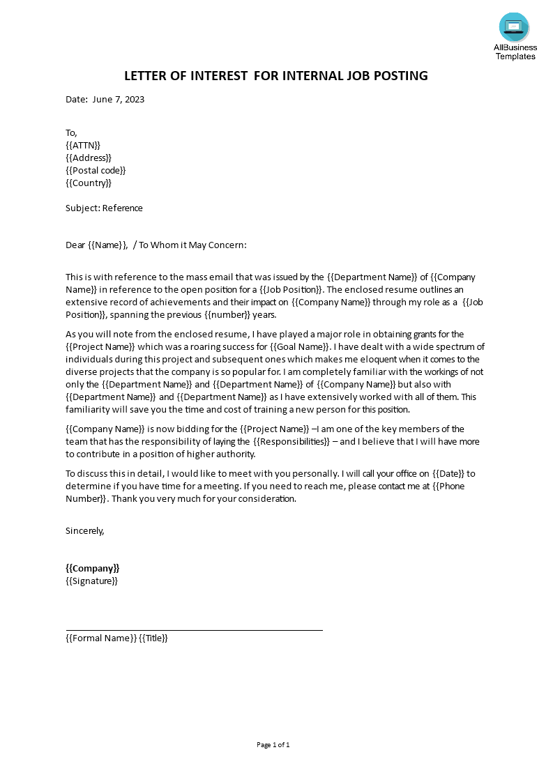 Letter of Interest for Internal Job Posting | Templates at ...