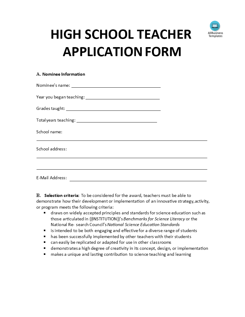 High School Teacher Job Application Form | Templates at ...