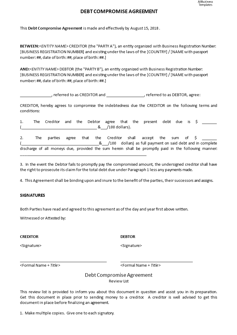 Debt Compromise Agreement Templates At Allbusinesstemplates
