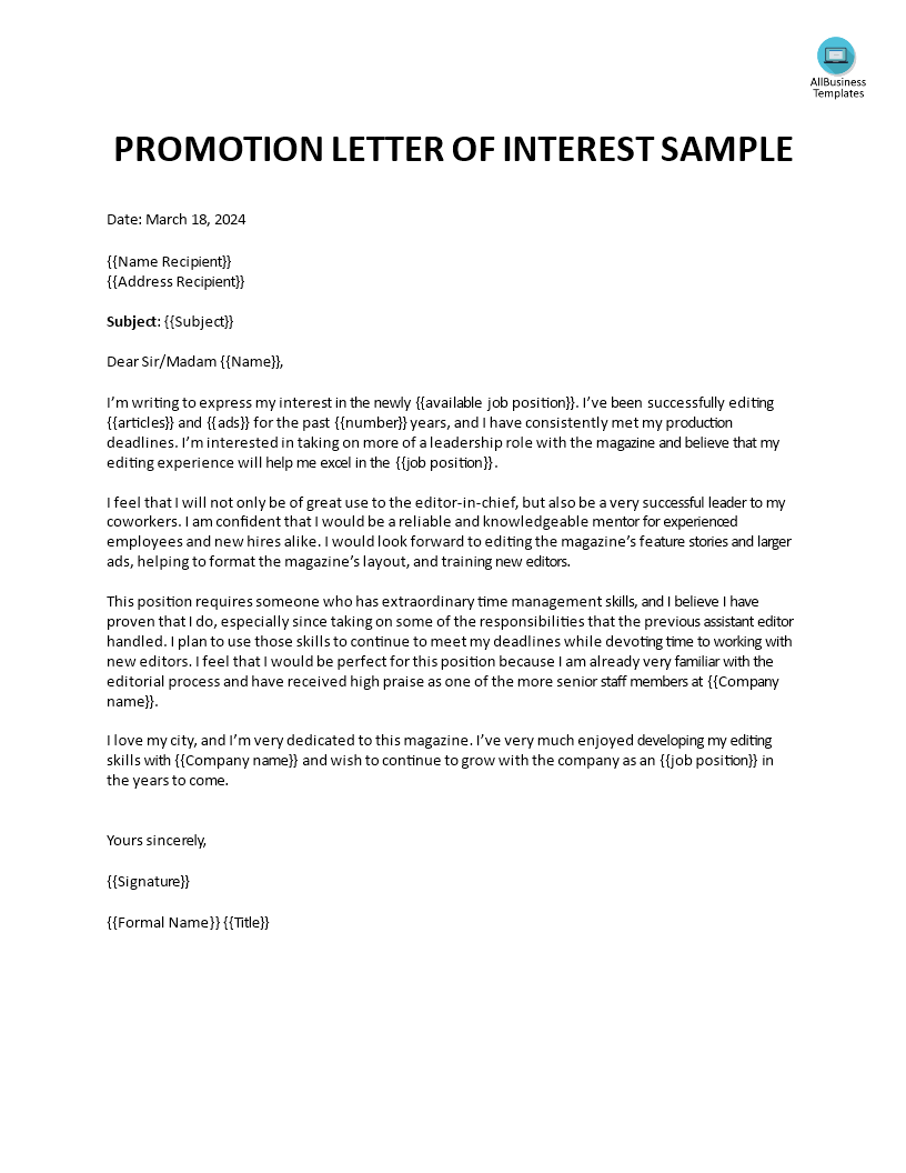 Promotion Letter of Interest Sample | Templates at allbusinesstemplates.com