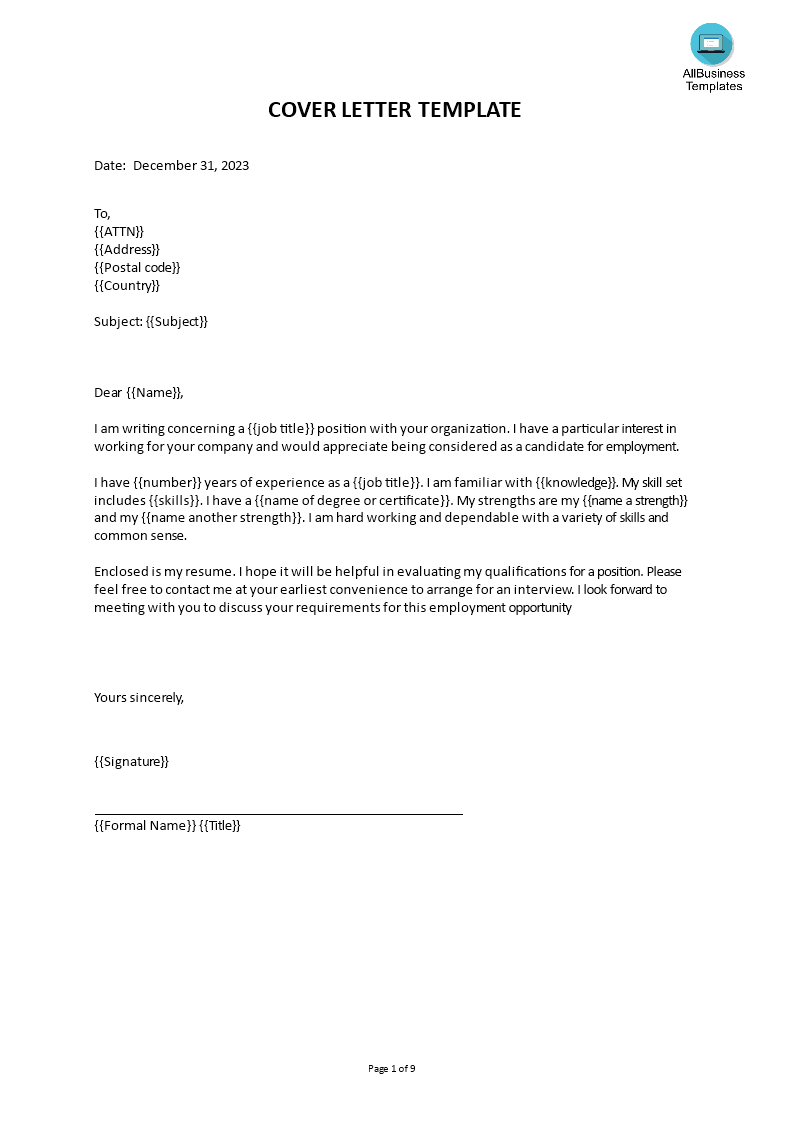 免费 Cover Letter Template Word | 样本文件在 allbusinesstemplates.com