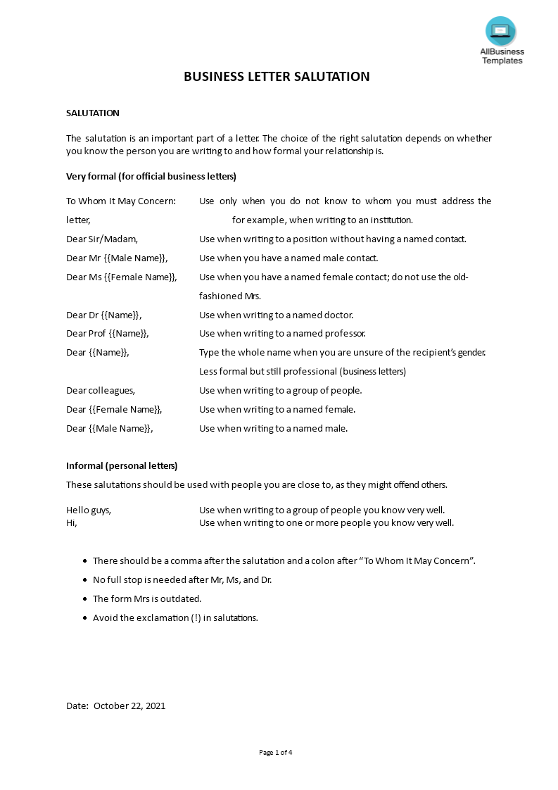Salutation In A Letter | Templates at allbusinesstemplates.com