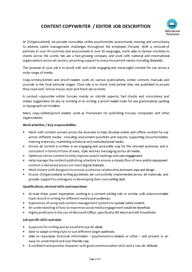 Copywriter Job Description | Templates at allbusinesstemplates.com