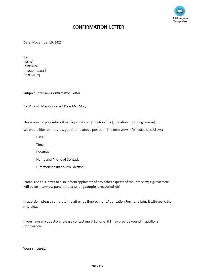 T l charger Gratuit Job Interview Confirmation Letter