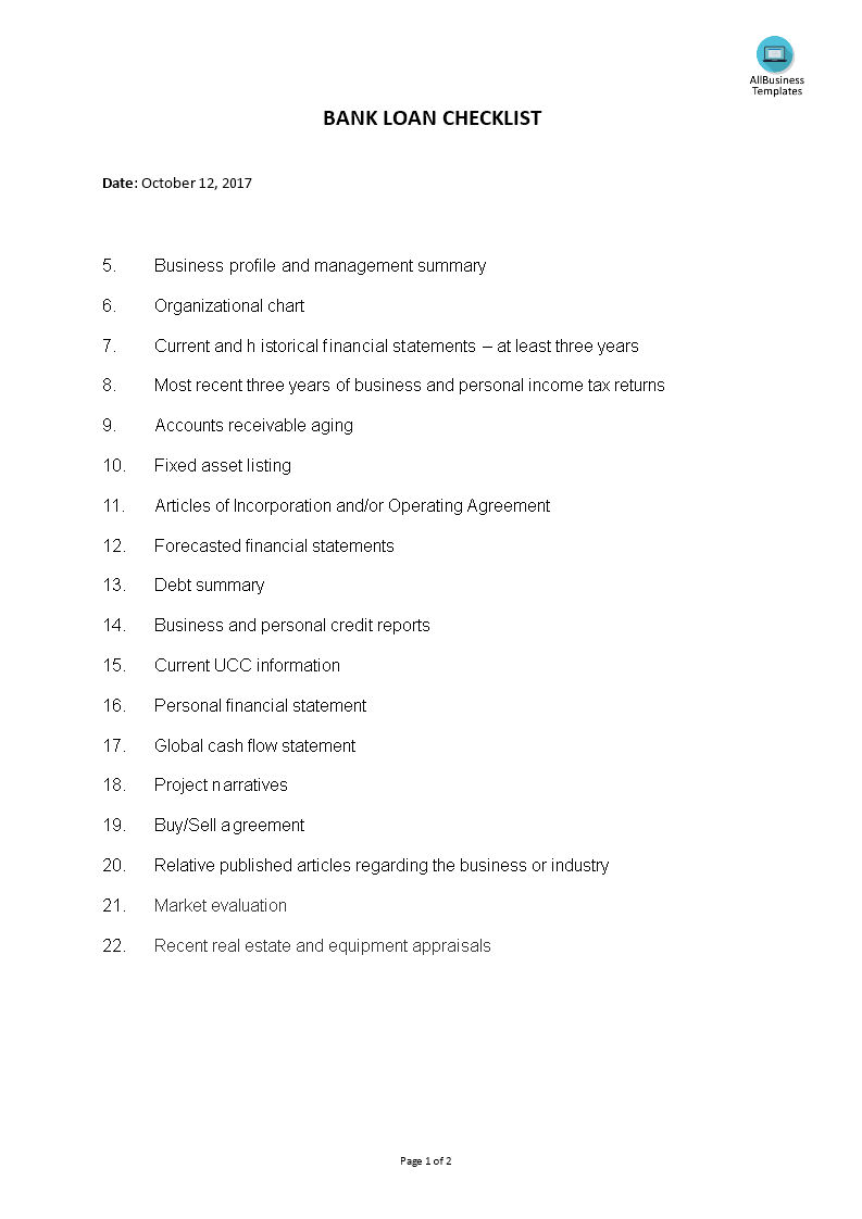  Bank Loan Checklist Allbusinesstemplates