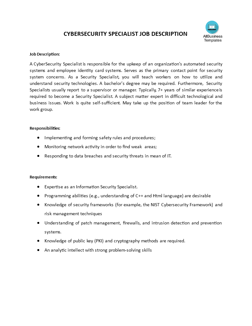 CyberSecurity Analyst Job Description | Templates at ...