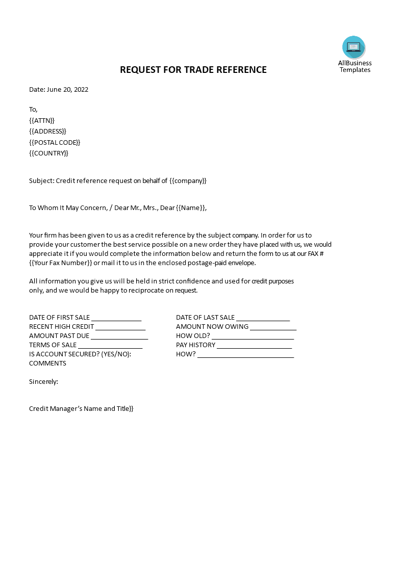 Kostenloses Customer Credit Reference Letter