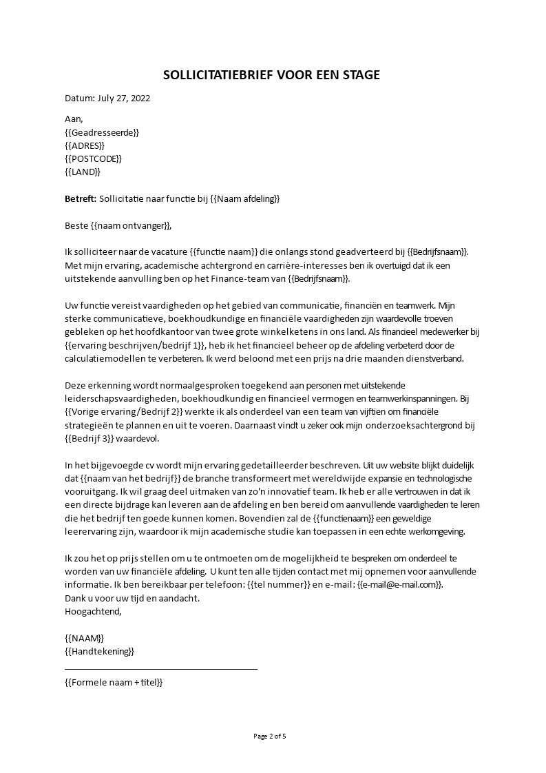 Stageplaats Sollicitatiebrief Gratis