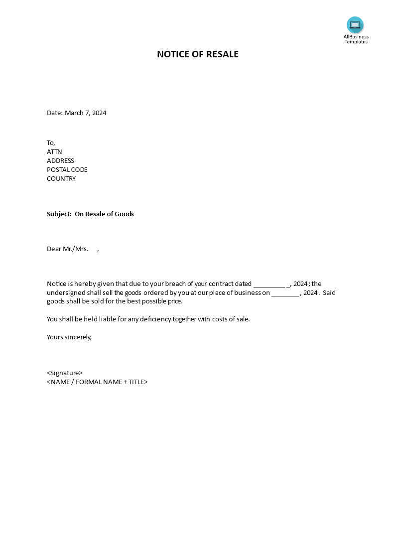 Notice Of Resale | Templates at allbusinesstemplates.com