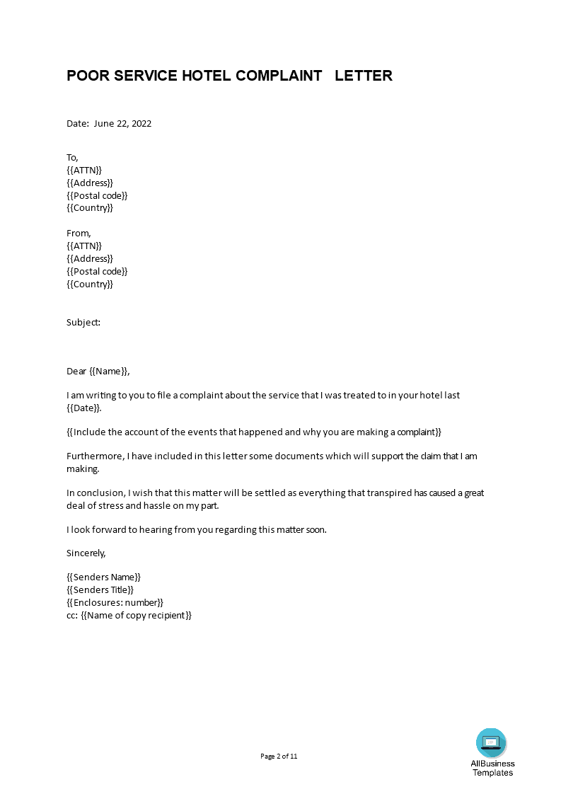 Kostenloses Complaint Letter to Hotel for Accommodation