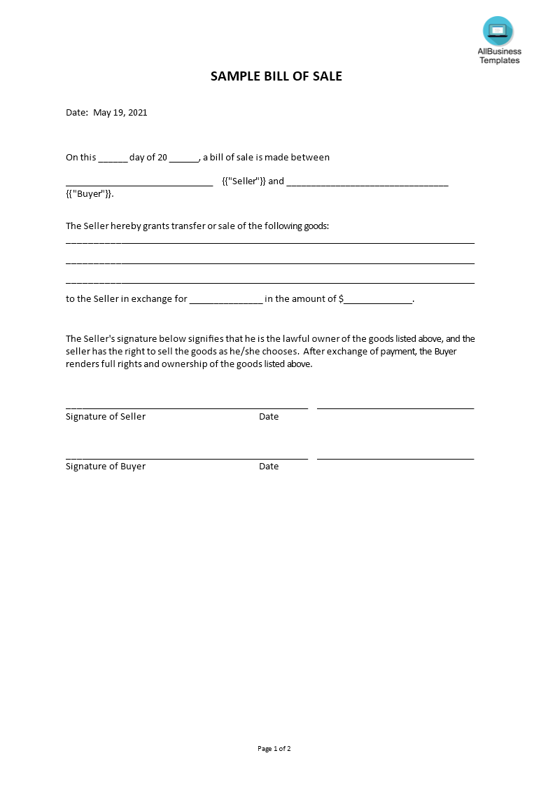 Sample Bill Of Sale Templates At Allbusinesstemplates