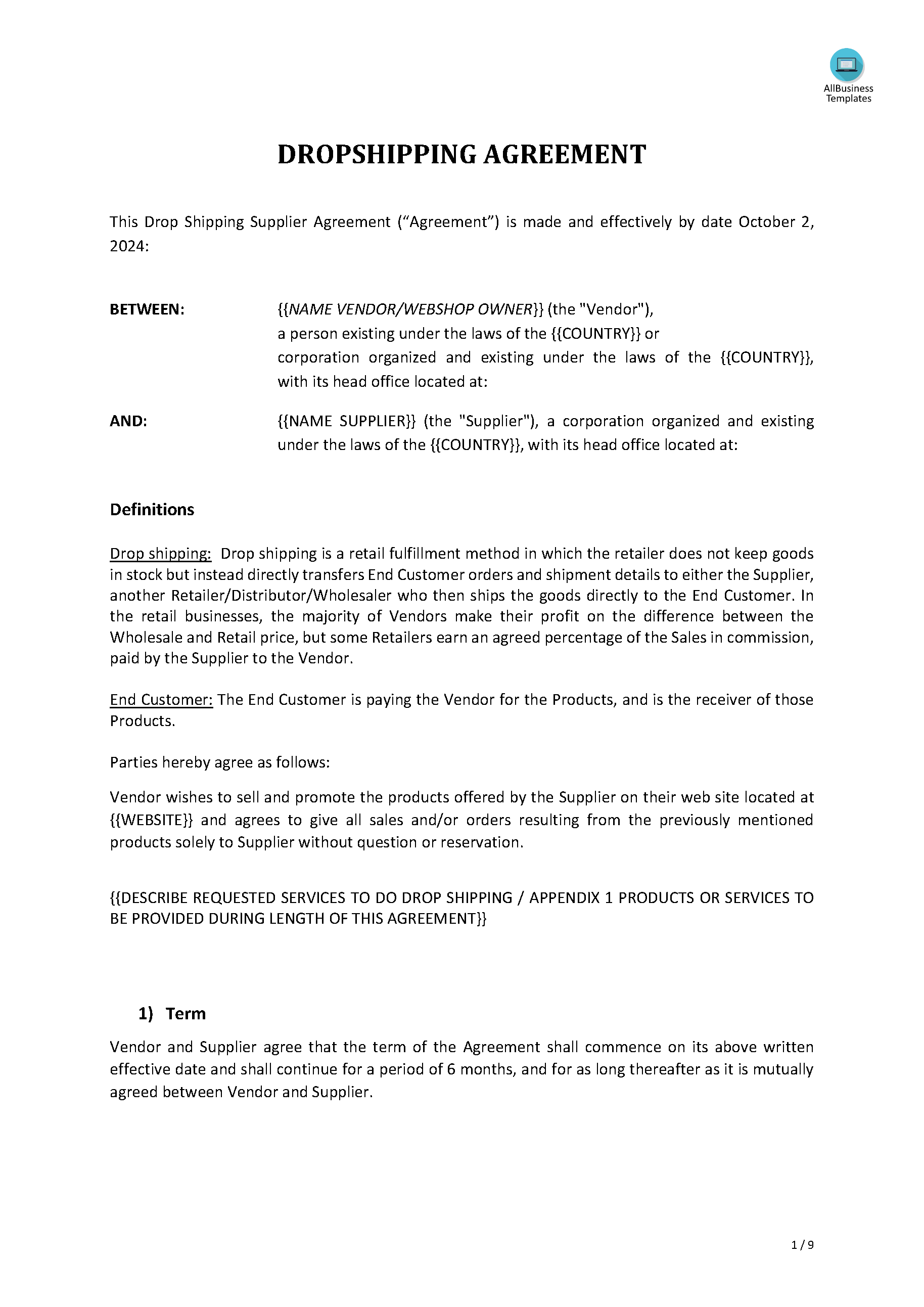 Drop Shipping Agreement Template | Templates at allbusinesstemplates.com