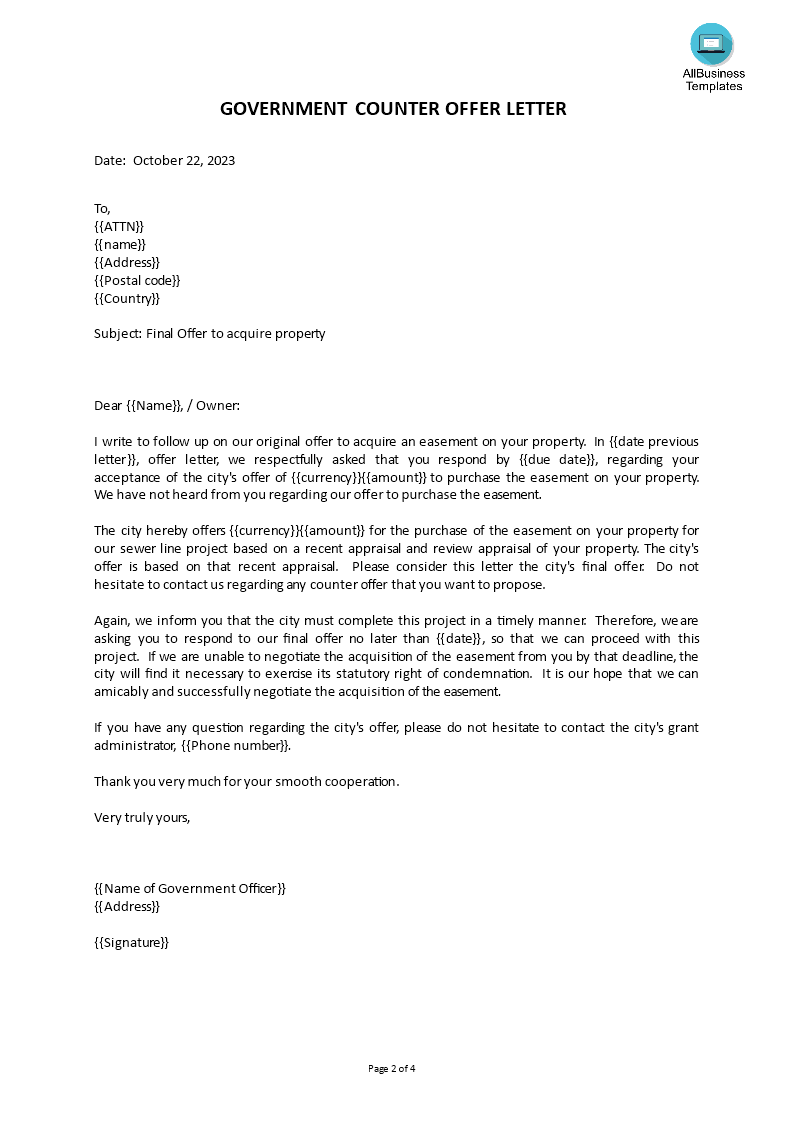 Sample Counter Offer Letter For Property | Templates at ...