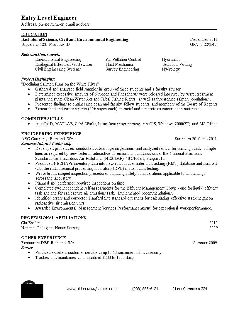 Resume For Entry Level Civil Engineering Templates At