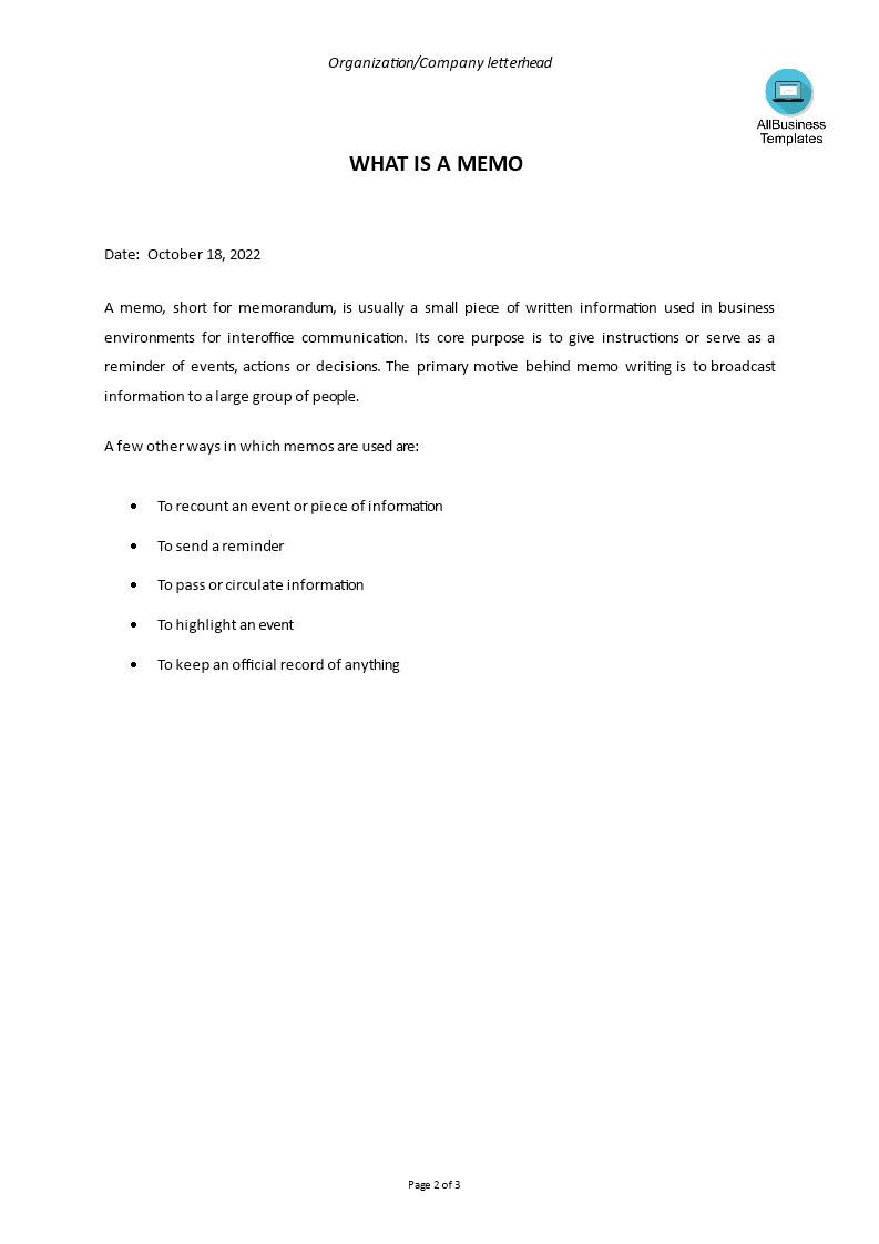 免费 Memo Template | 样本文件在 allbusinesstemplates.com