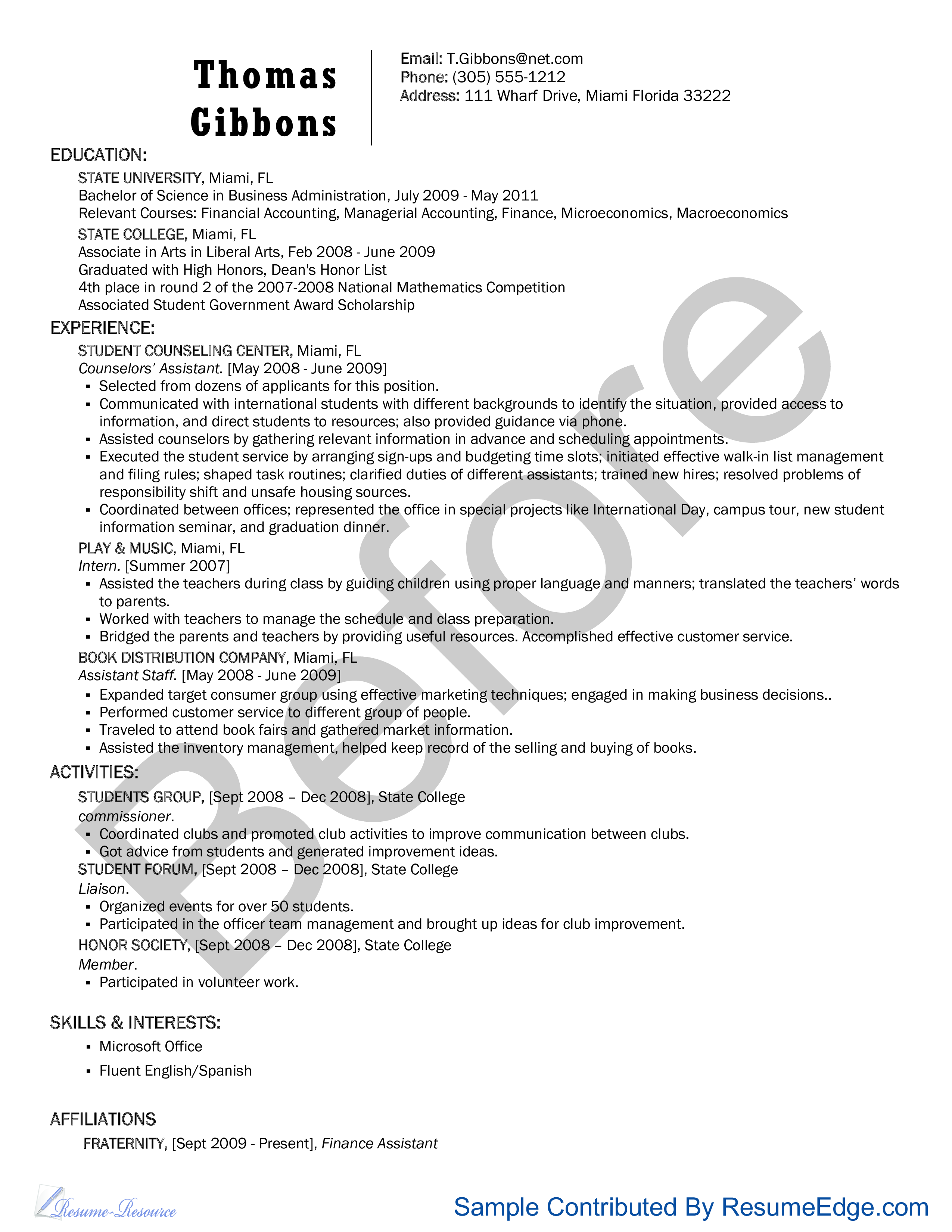 Kostenloses Internship Resume Example No Experience