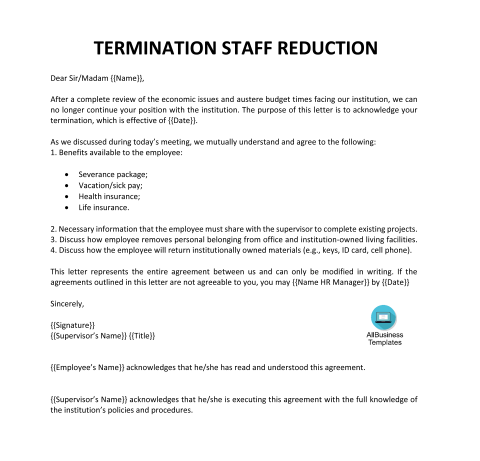 Kostenloses Sample Termination Letter for Staff Reduction Reason