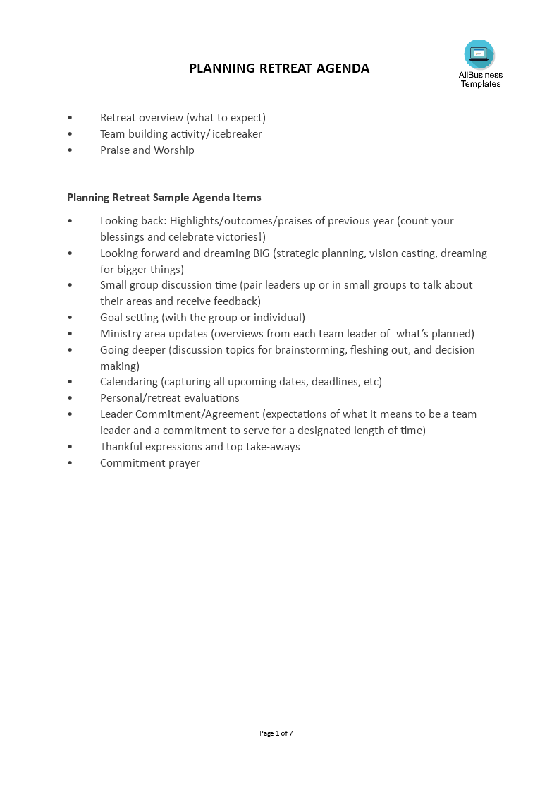 Planning Retreat Agenda | Templates at allbusinesstemplates.com