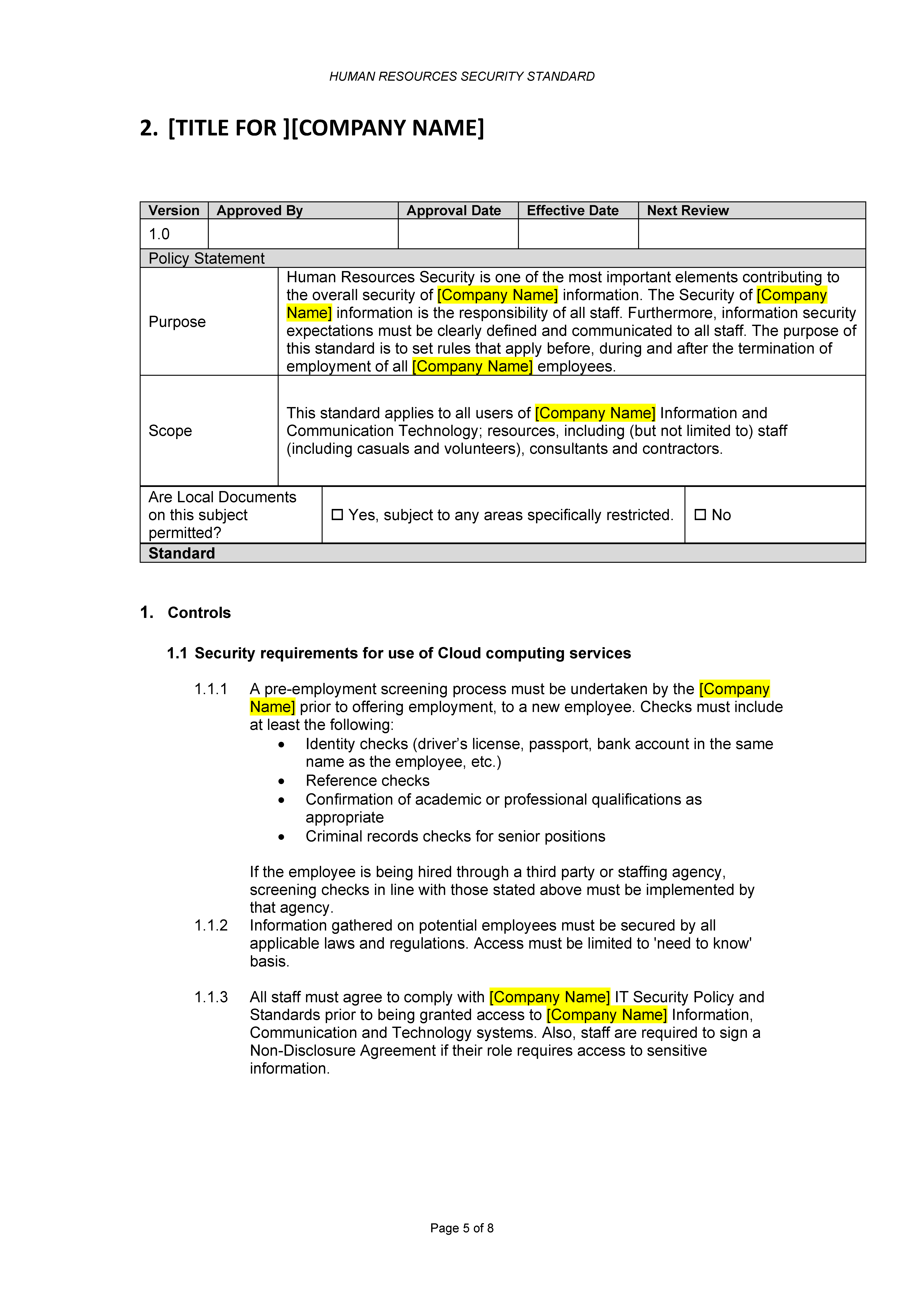 Human Resources IT Cybersecurity Standard | Templates at ...
