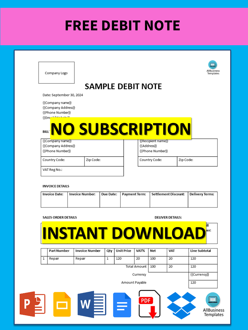 免费 Debit Note | 样本文件在 allbusinesstemplates.com