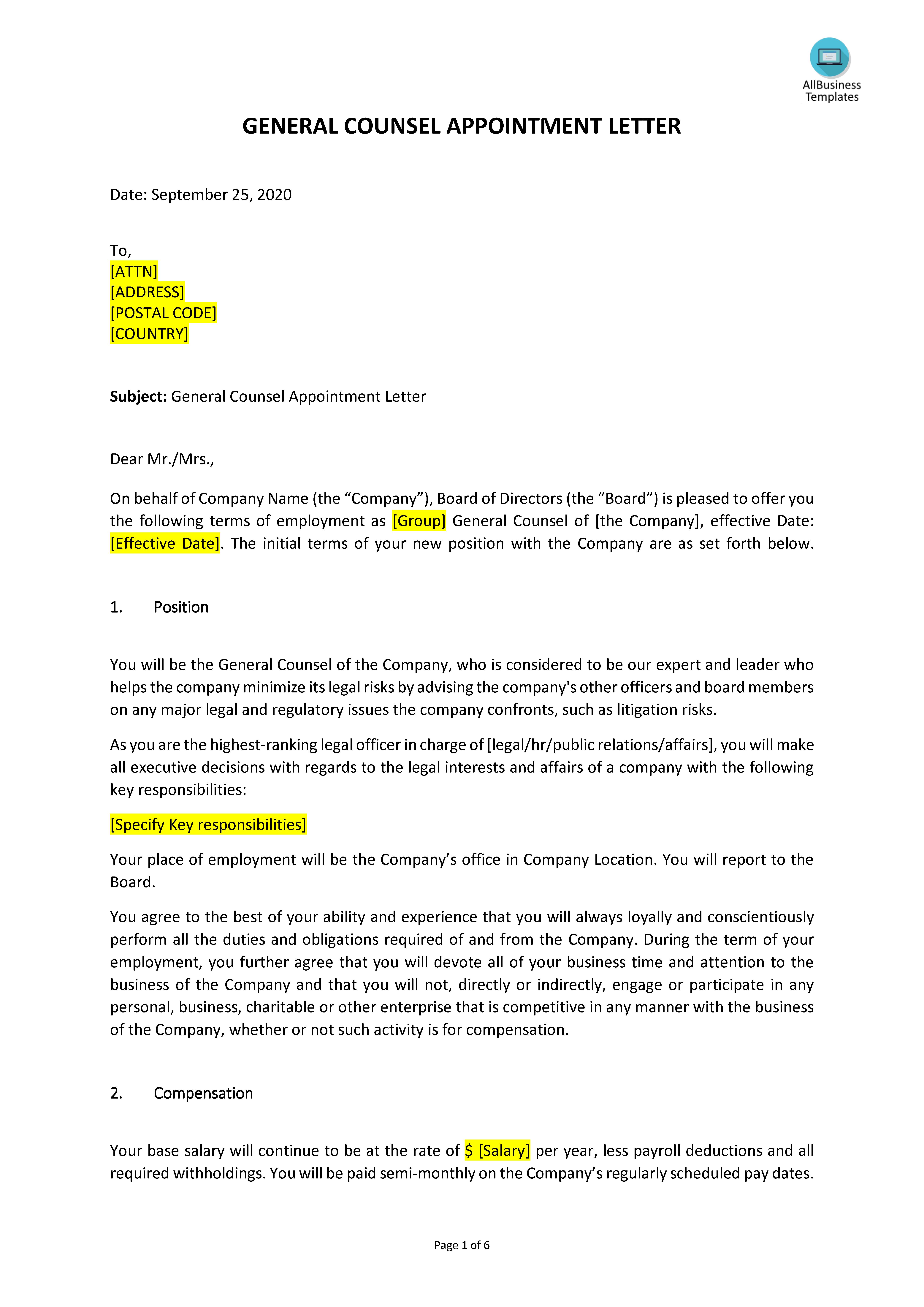 General Counsel Appointment Letter Templates At Allbusinesstemplates