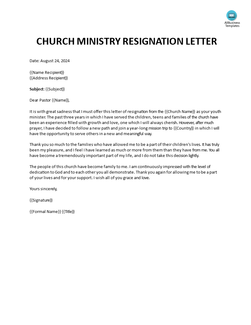 Church Ministry Resignation Letter | Templates at allbusinesstemplates.com