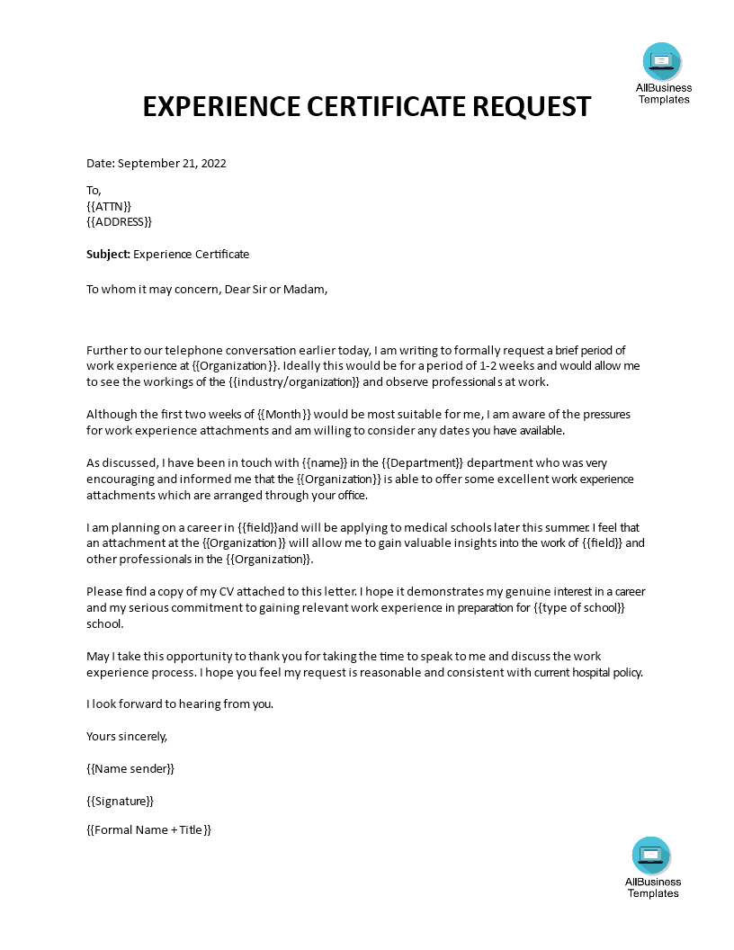 Kostenloses Work Experience Letter