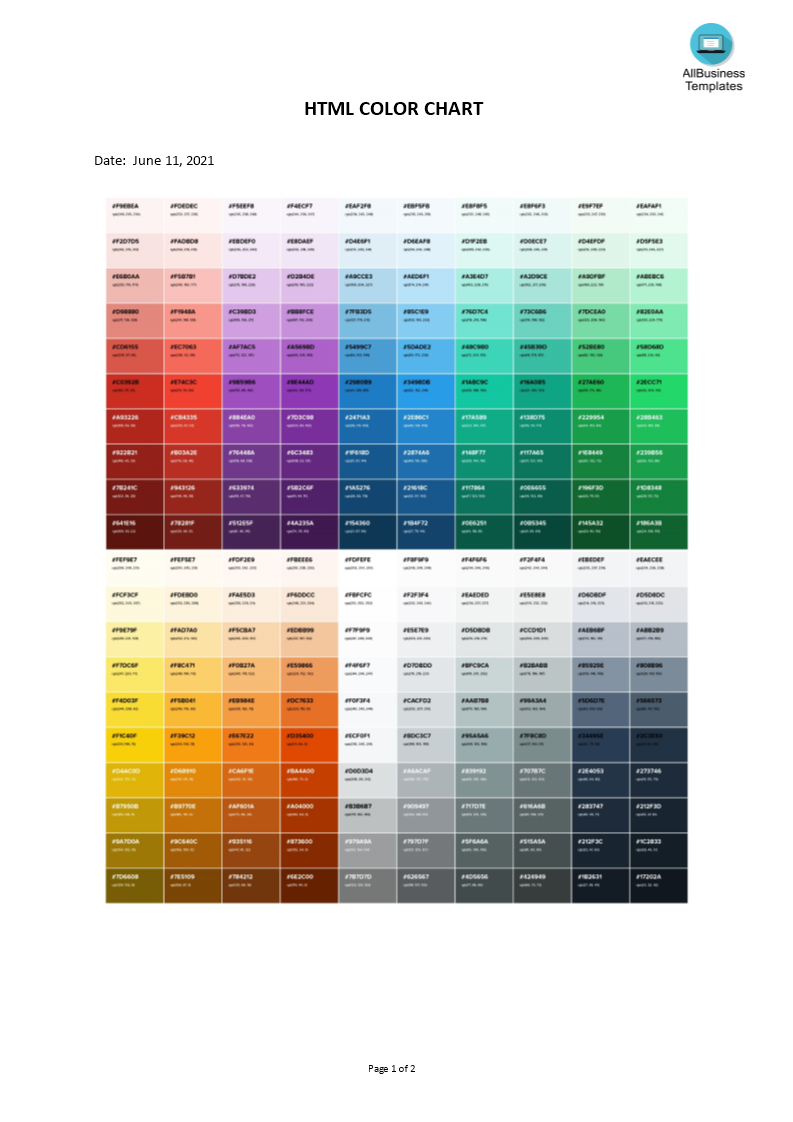 Color Palette Color Chart Print Test Page Color Codes Rgb Hex Html 