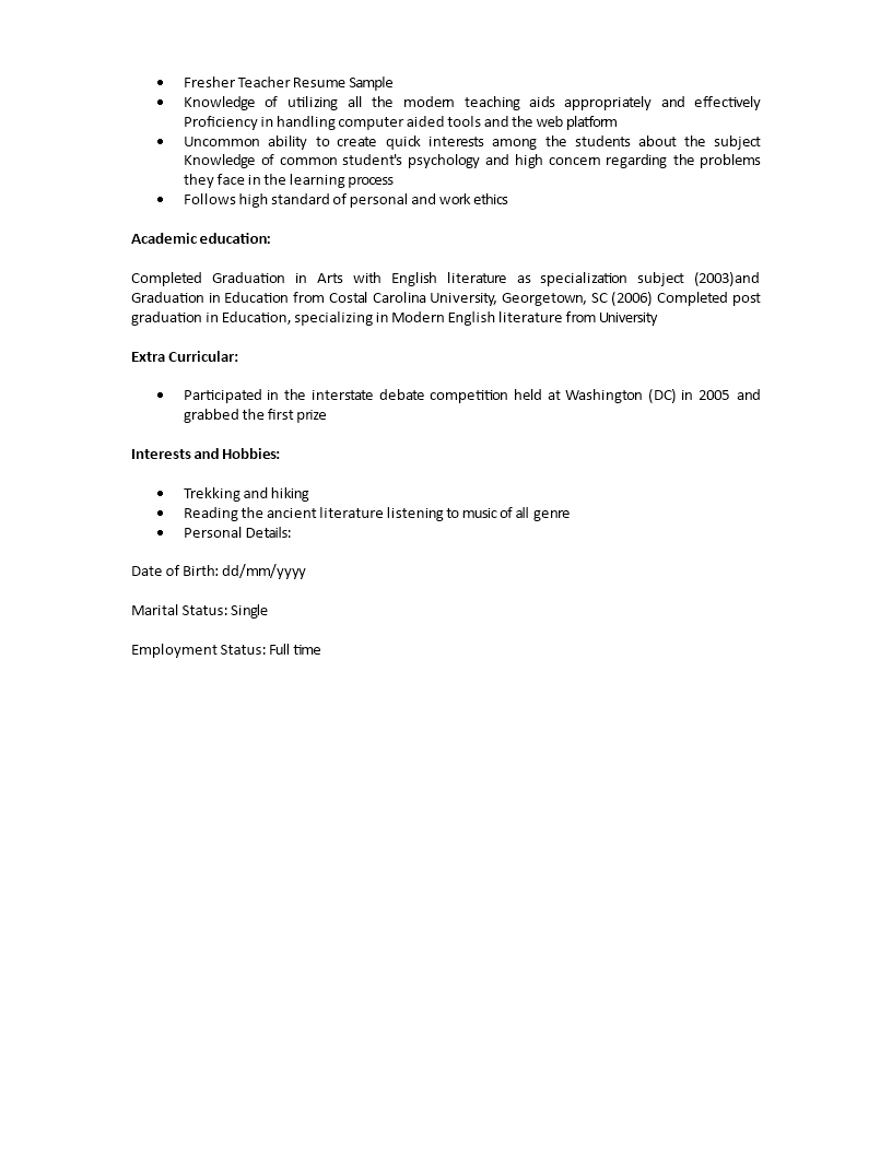 Fresher Teacher CV Sample | Templates at allbusinesstemplates.com