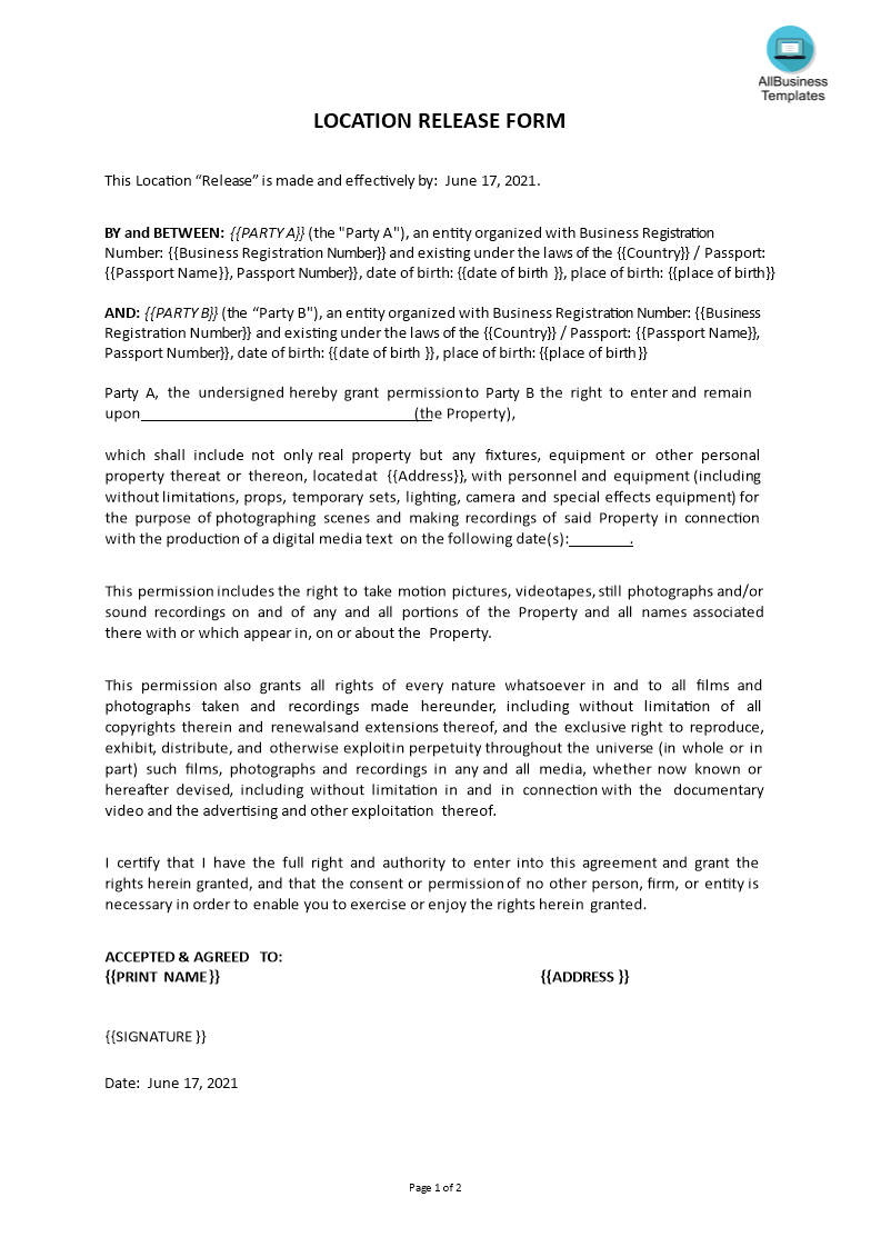 Location Release Form | Templates at allbusinesstemplates.com