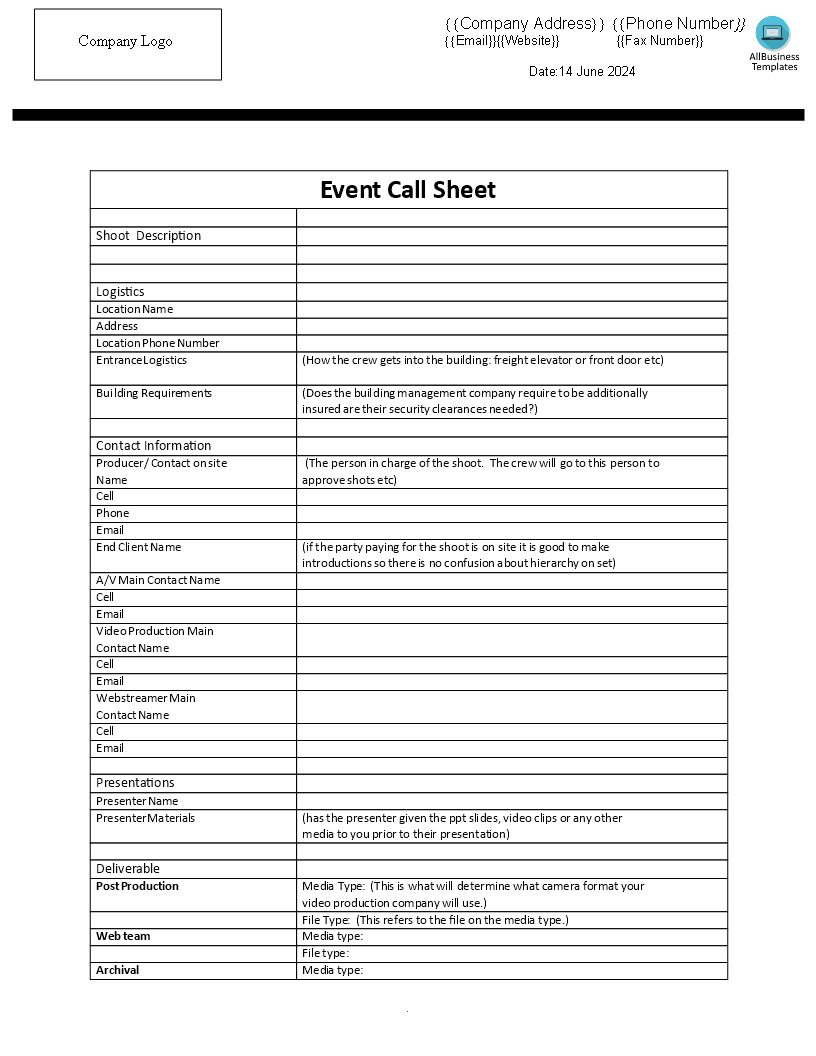 Event Call Sheet | Templates at allbusinesstemplates.com