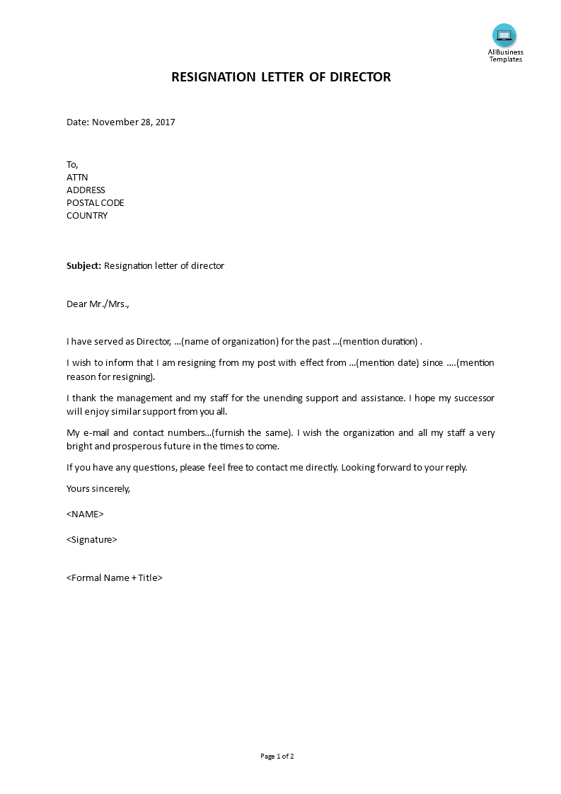 Letter Of Resignation Director
