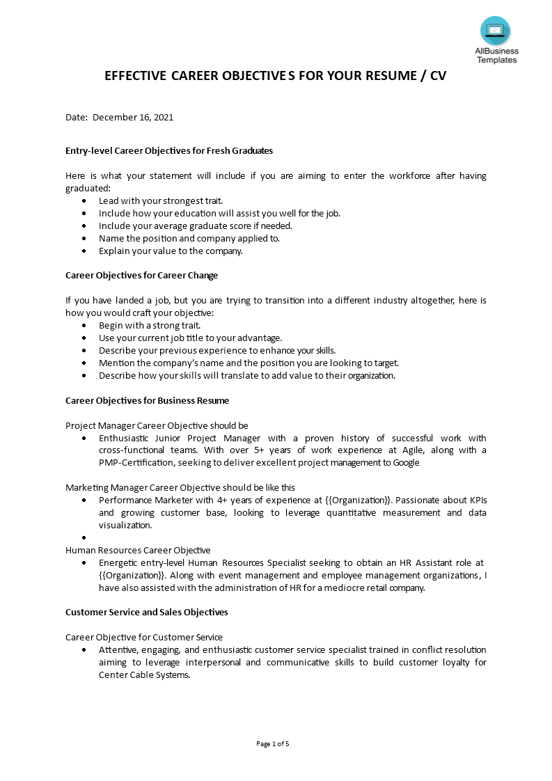 Career Objectives | Templates at allbusinesstemplates.com