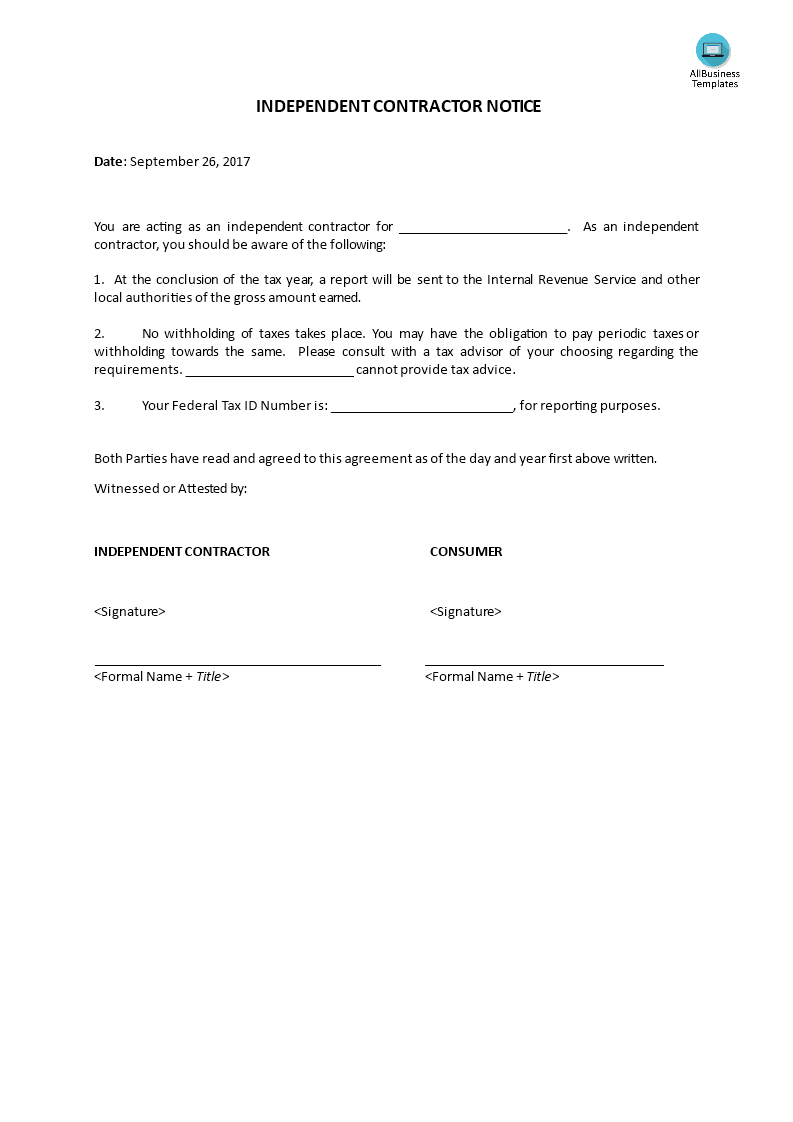 Independent Contractor Notice | Templates at allbusinesstemplates.com