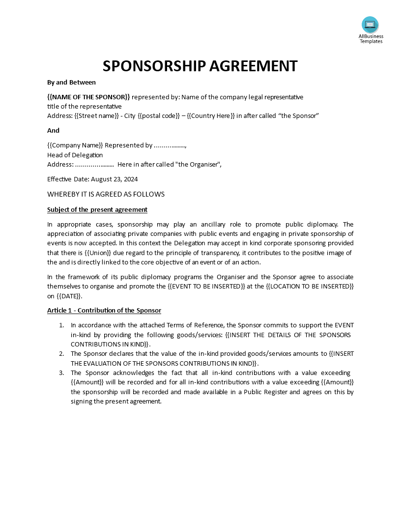 Sponsorship Agreement Templates At