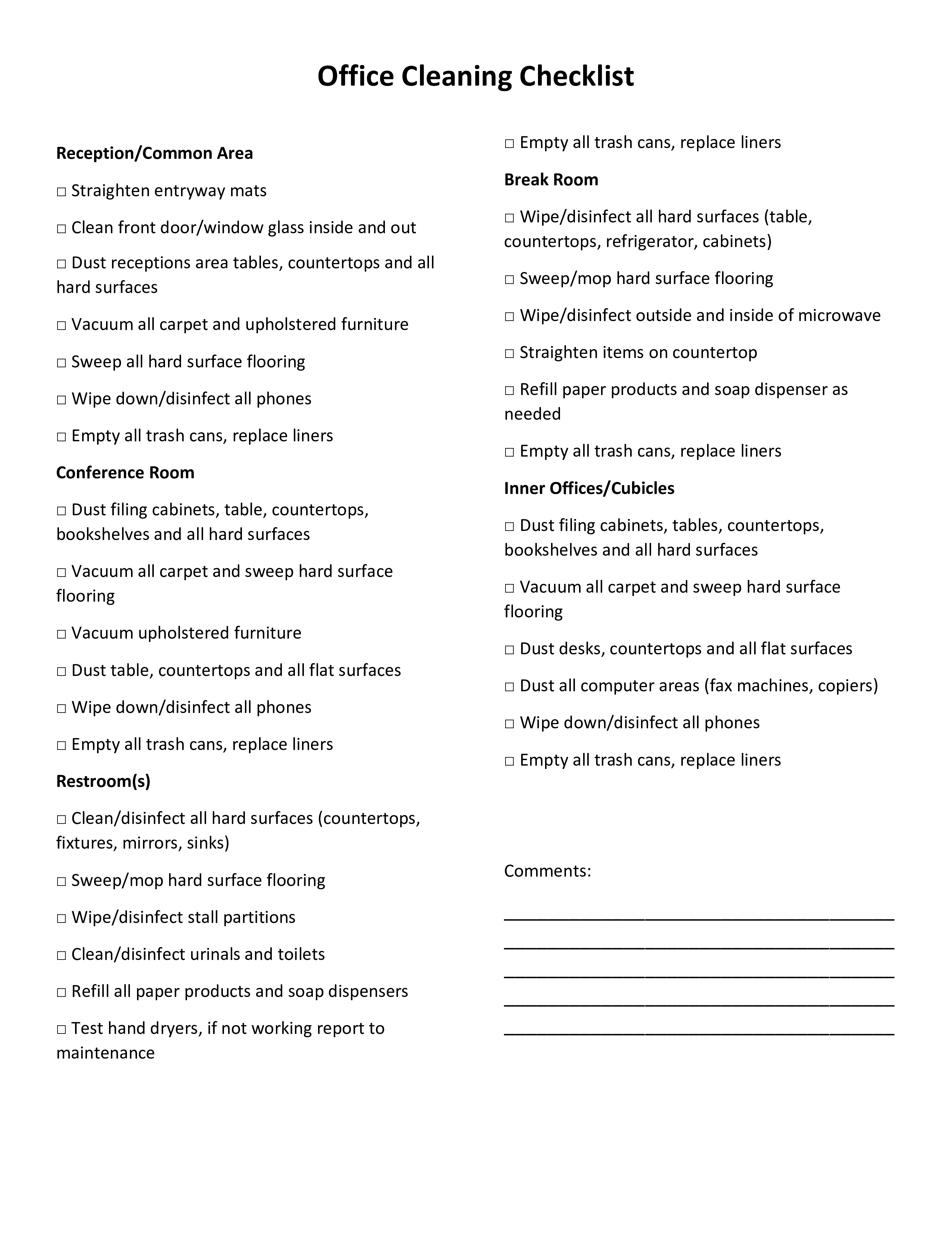 Office Cleaning Checklist | Templates at allbusinesstemplates.com