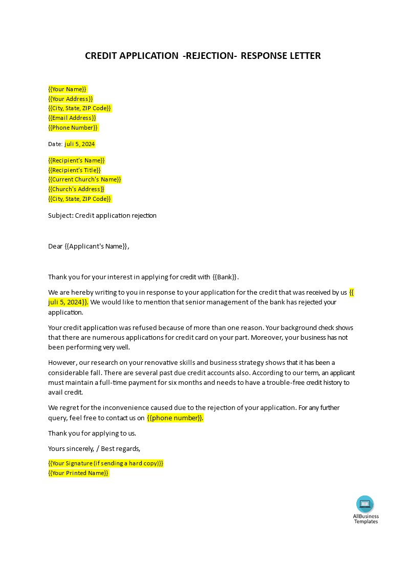 Credit Application Rejection Letter | Templates at allbusinesstemplates.com