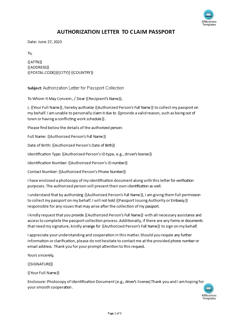 Authorization Letter for Passport | Templates at allbusinesstemplates.com