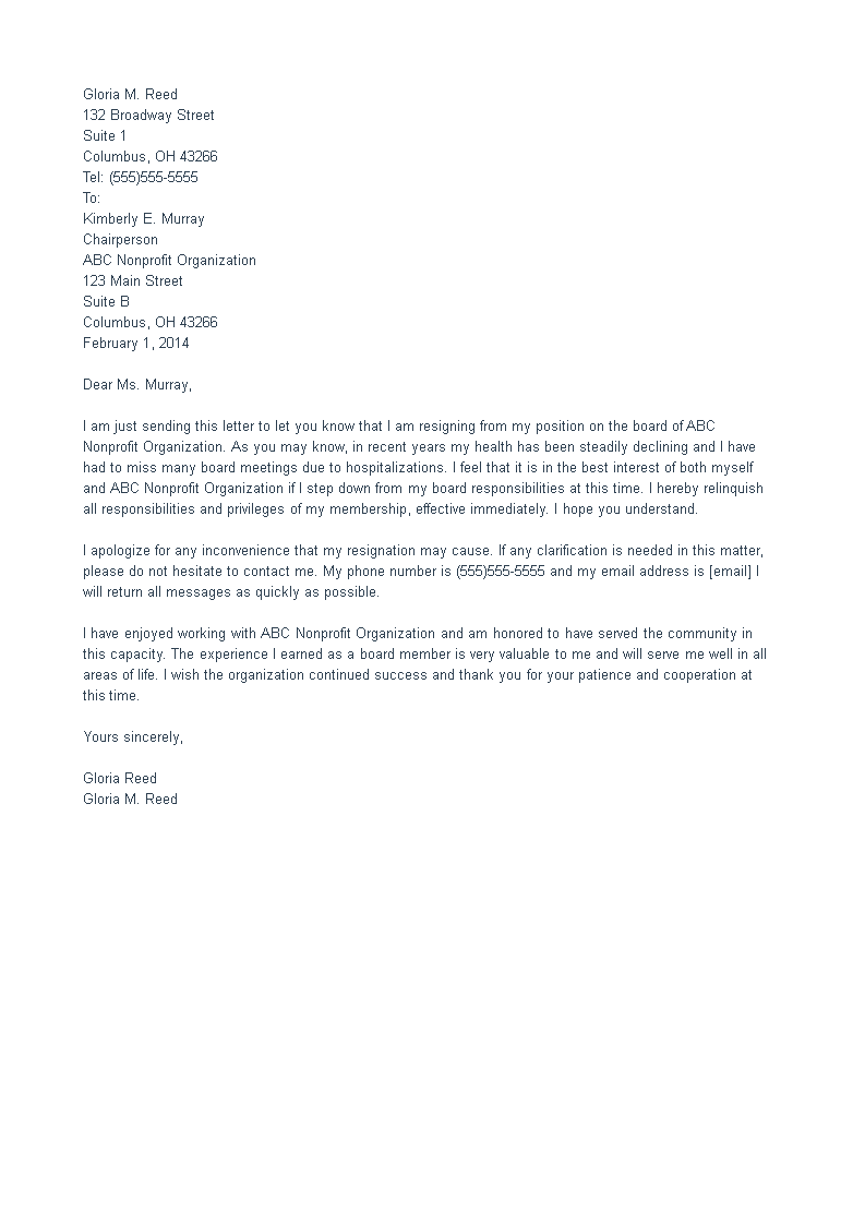 Kostenloses Non Profit Board Resignation Letter