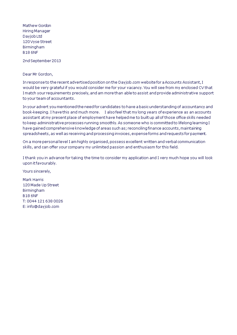  Accountant Assistant Job Application Letter 