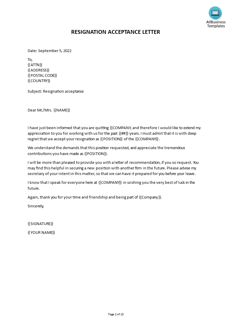 Aanvaarding ontslag bevestigingsbrief | Templates at ...