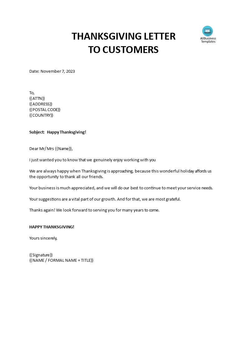 Gratis Thanksgiving Letter Template