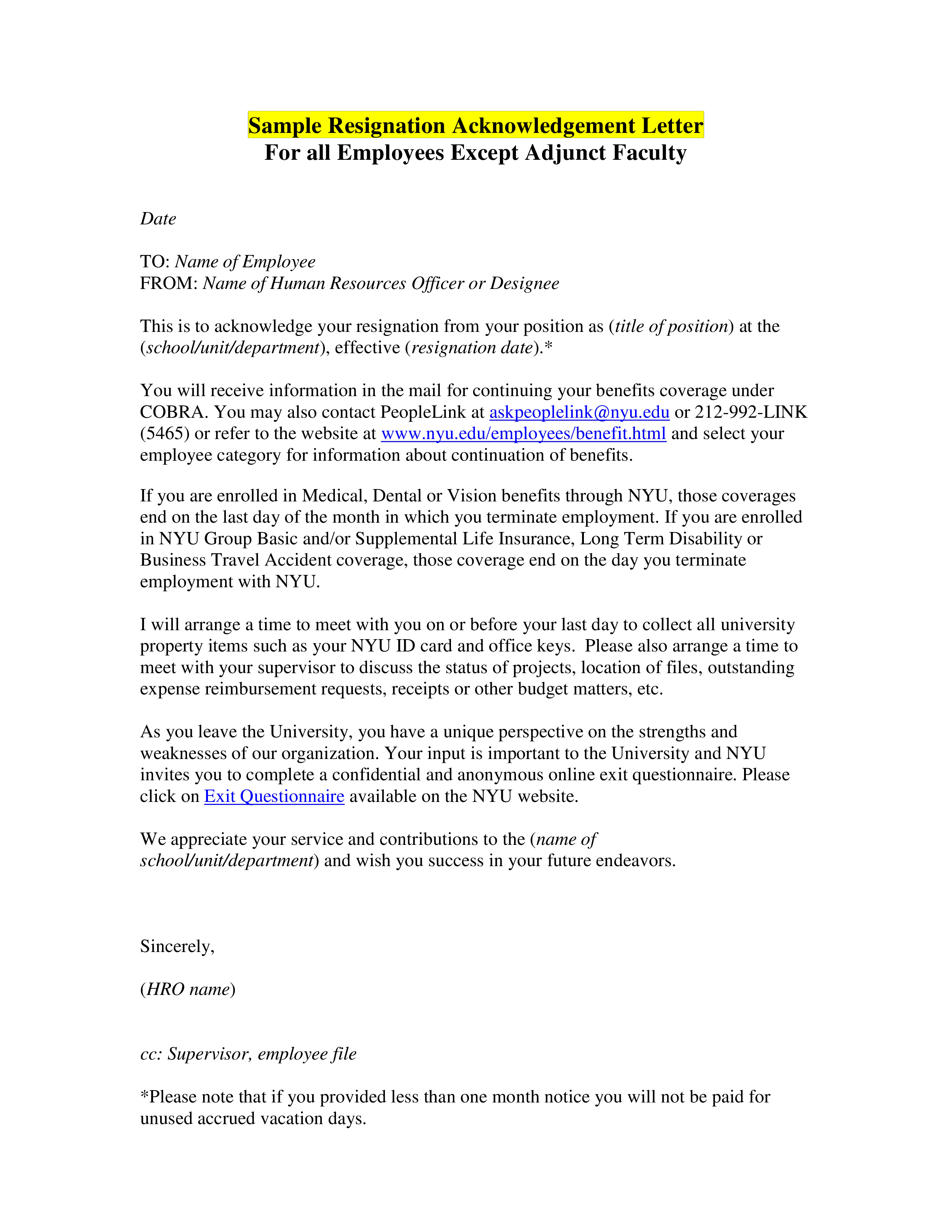 Formal Resignation Letter Sample With Cc Master Template