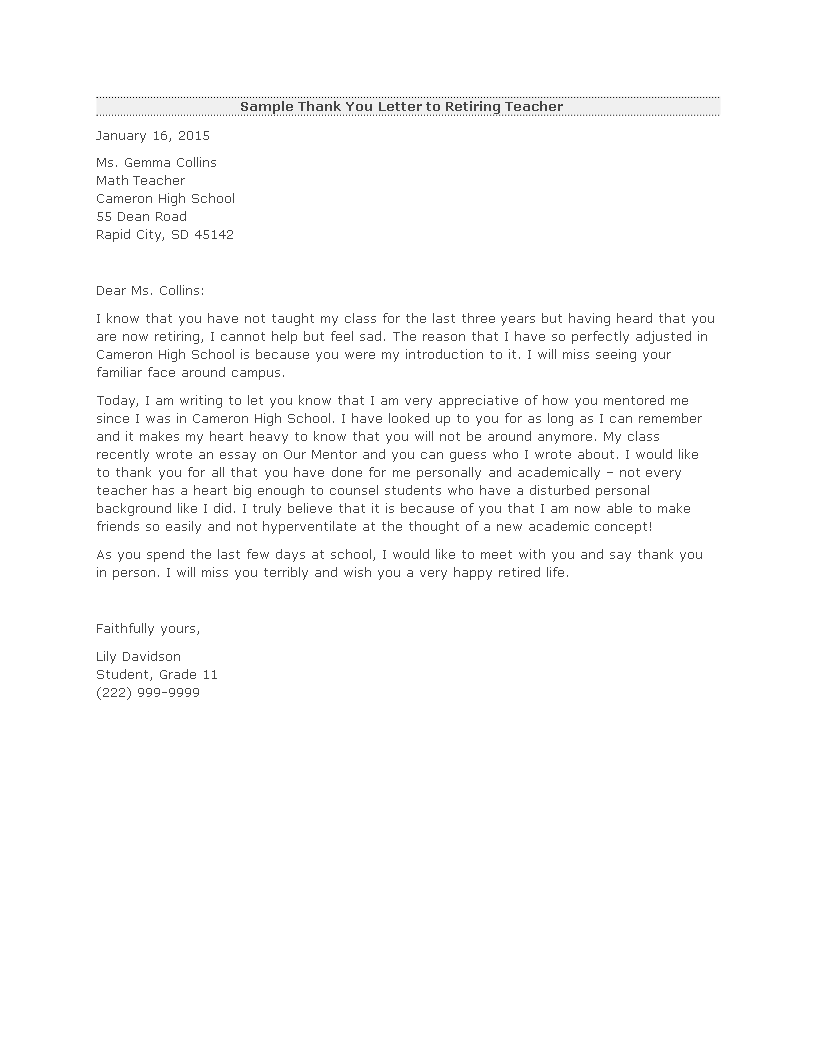  Teacher Retirement Thank You Letter Allbusinesstemplates