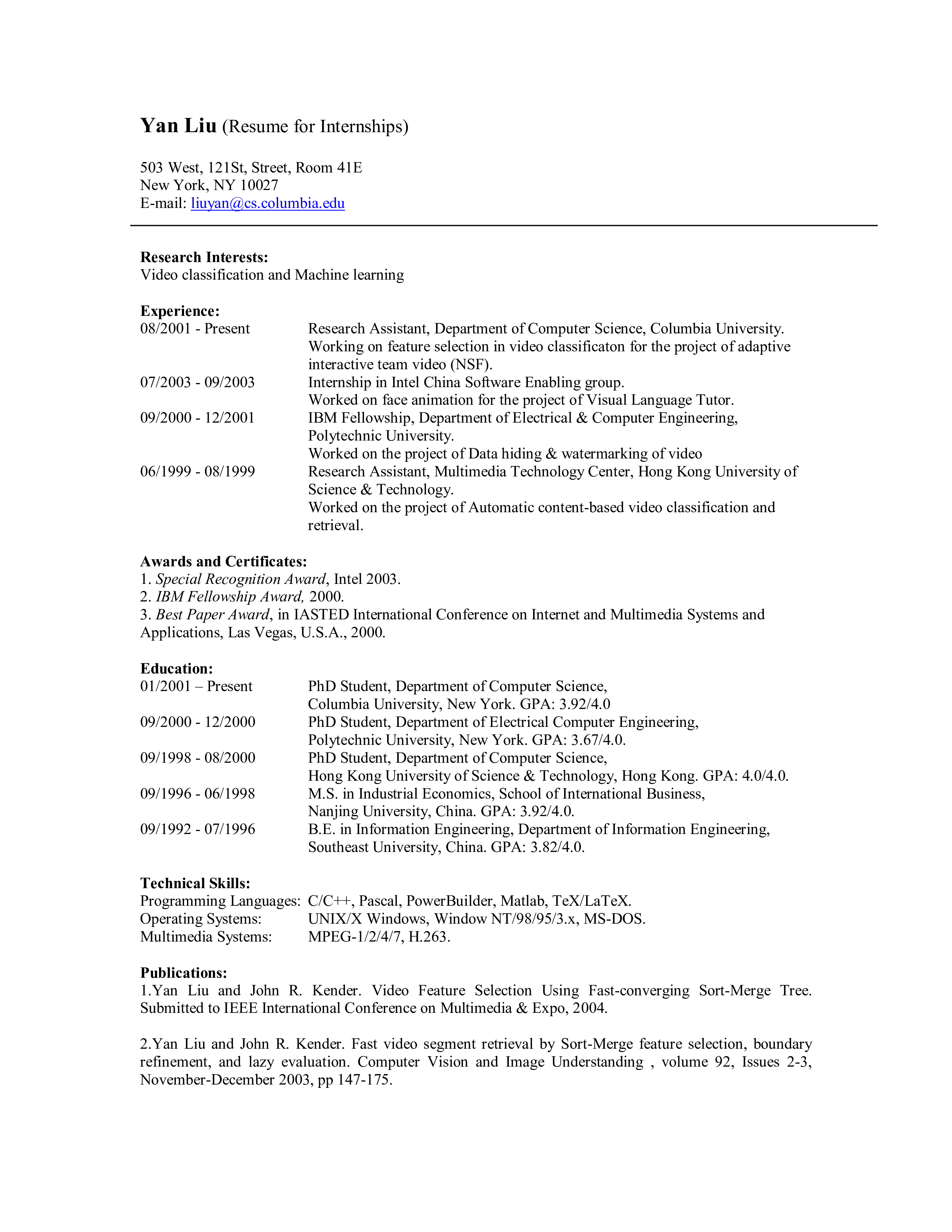 T l charger Gratuit Computer Science Internship Resume