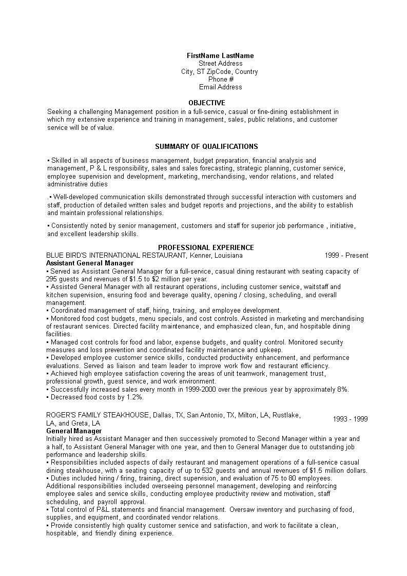 Restaurant General Manager Resume Templates At Allbusinesstemplates