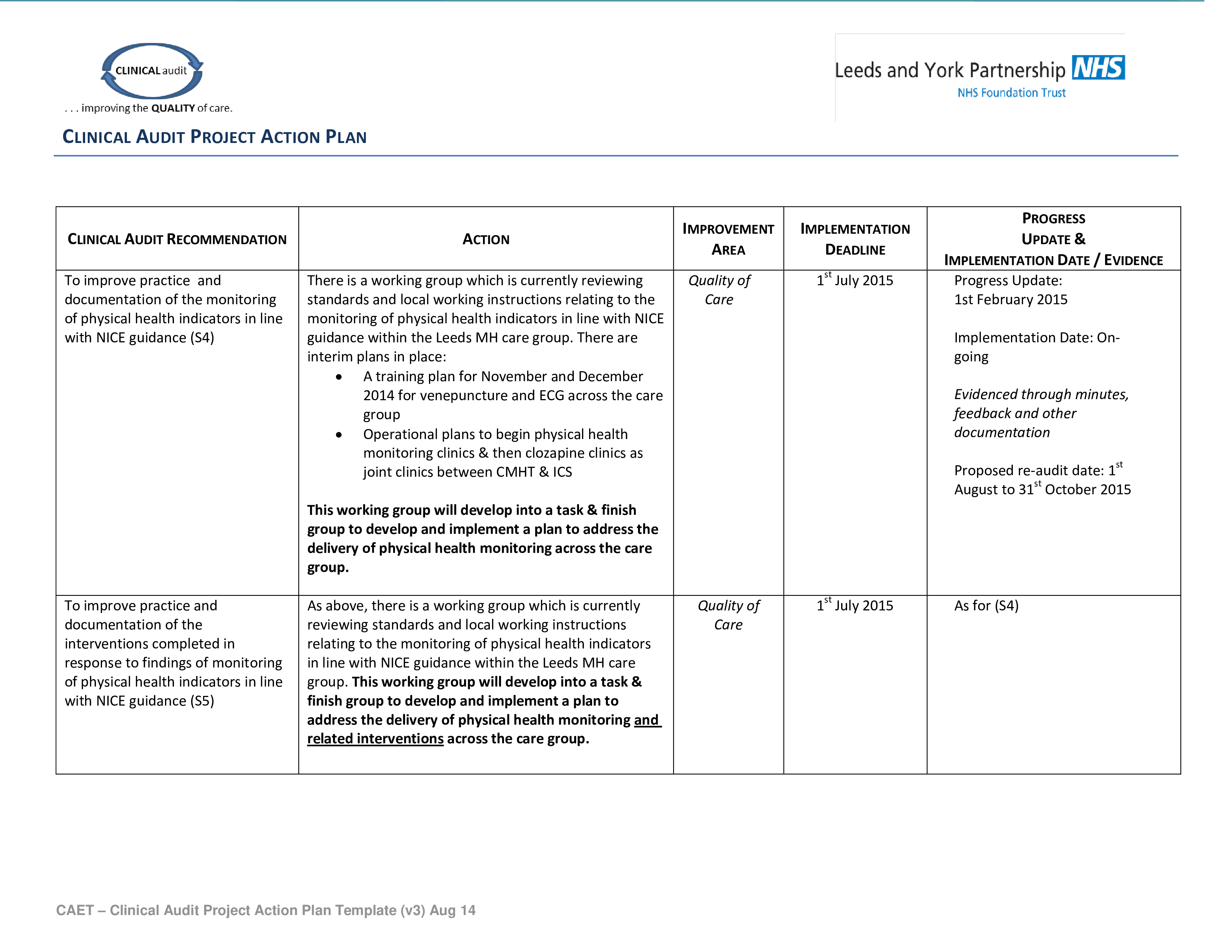 Kostenloses Clinical Audit Action Plan